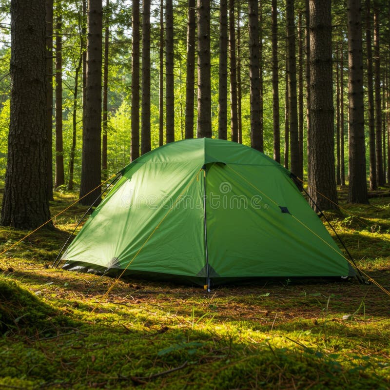 Green Tent in a Sunlit Pine Forest Stock Illustration - Illustration of ...