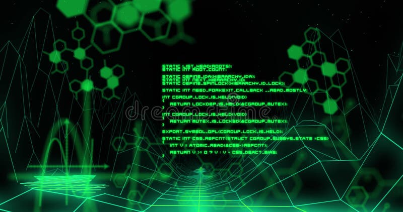 Green Text and Structures on Black Background with Green Grid Moving ...