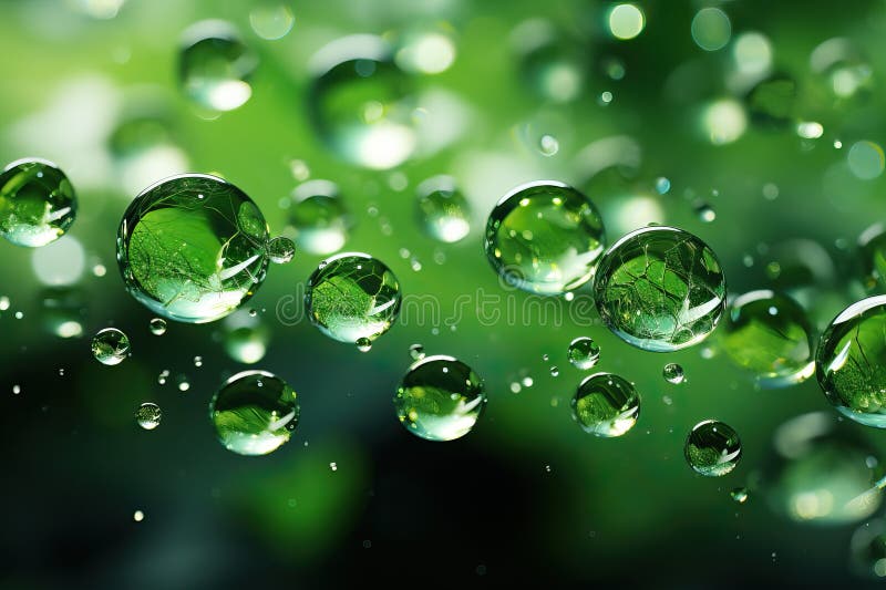 Green Texture with Round Drops of Liquid, Drops of Water and Glycerin ...