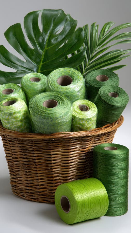 Green Thread Spools in Basket with Tropical Leaves for Crafts or Sewing ...