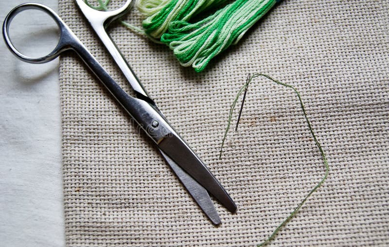 Green Threads and Scissors with Fabric, Top View Stock Image - Image of ...