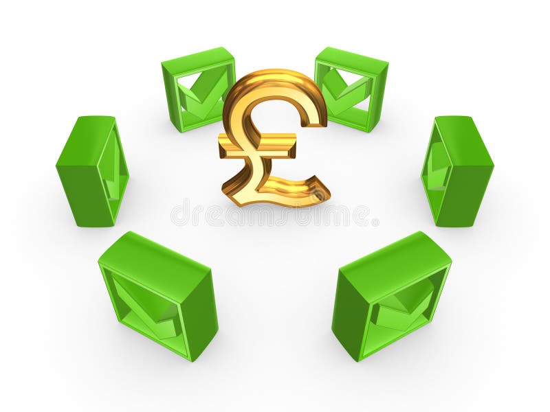 Green Tick Marks Around Sign of Pound Sterling. Stock Illustration ...