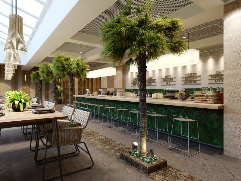 Green Tiled Bar Counter with Bar Stools in a Modern Restaurant with Palm Trees Stock ...