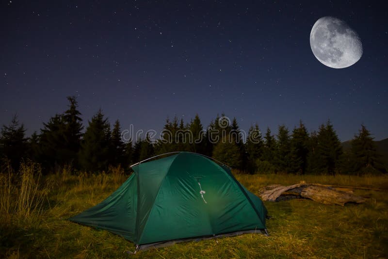 Touristic Tent Stay on Forest Glade at the Night Stock Photo - Image of ...