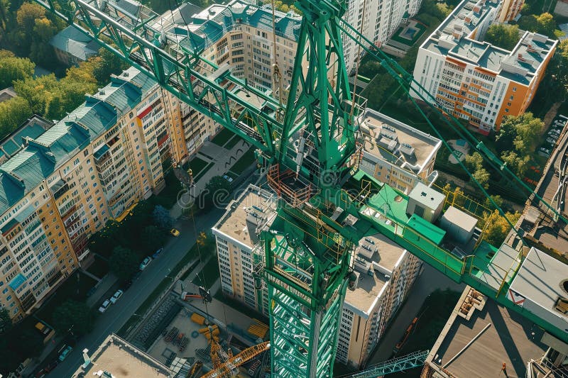 A Green Tower Crane on a Construction Site. View from Above Stock ...