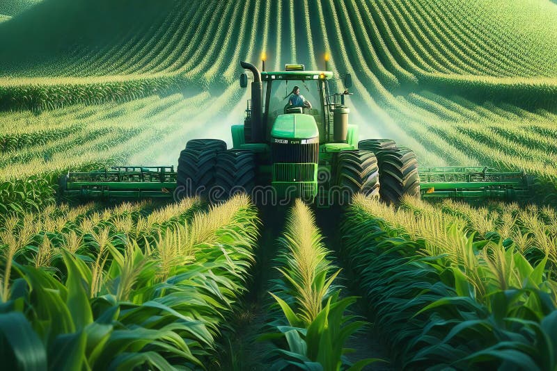 A Green Tractor is Driving through a Field of Corn Stock Photo - Image ...