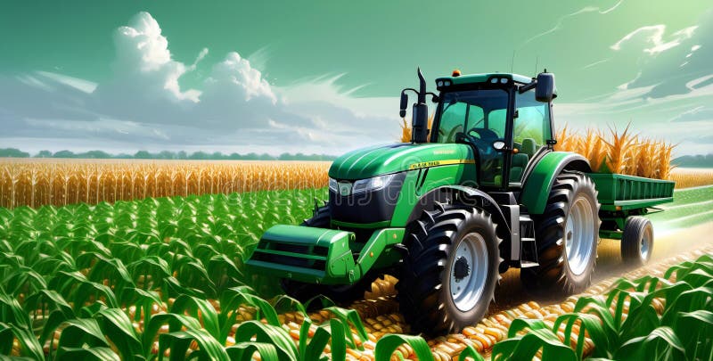 A Green Tractor is Driving through a Field of Corn Stock Photo - Image ...