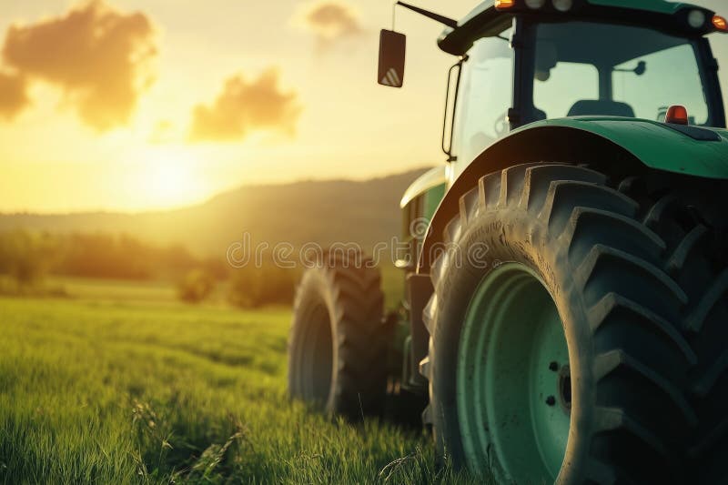 Green Tractor on Field at Sunset Ai Photo Stock Illustration ...