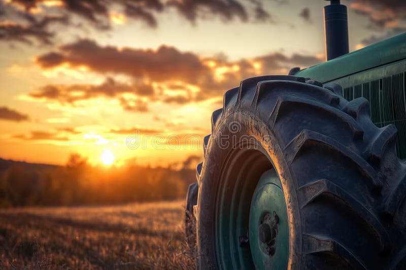 Green Tractor on Field at Sunset Ai Photo Stock Illustration ...