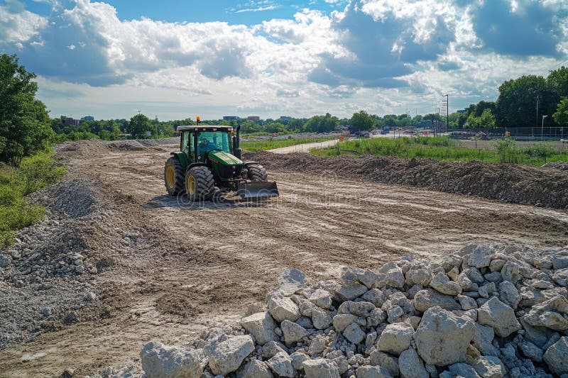 Green Tractor Leveling Ground at Construction Site on a Sunny Day Stock ...