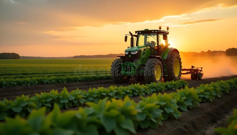 Green Tractor Plowing a Field with Rows of Crops and a Sunset Sky in ...