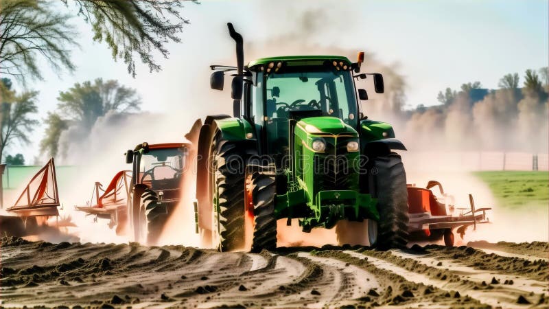 A Powerful Red Tractor Harvests Crops in a Golden Field at Sunset ...