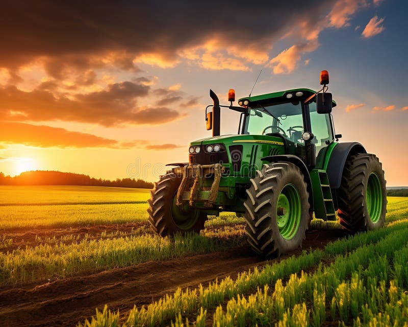 The Green Tractor is Working in the Field at Sunset. Stock Illustration ...