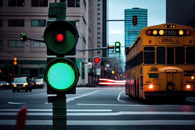 Green Traffic Light in City, with Bus Approaching Stoplight Stock Image ...