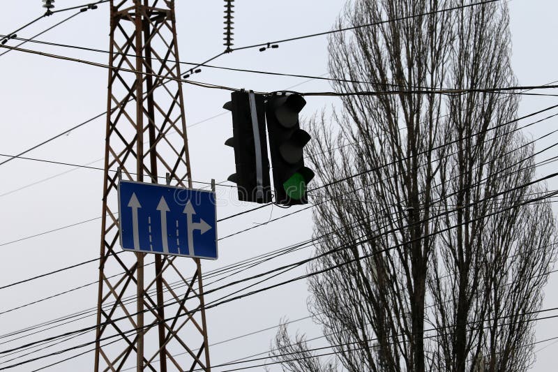 Green Traffic Light Near Electric Power Lines Stock Photo - Image of ...