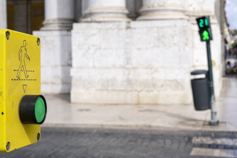 Green Traffic Light with Pedestrian Crossing Control Button Counting ...