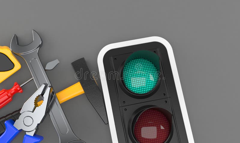 Green Traffic Light with Work Tools Stock Illustration - Illustration ...