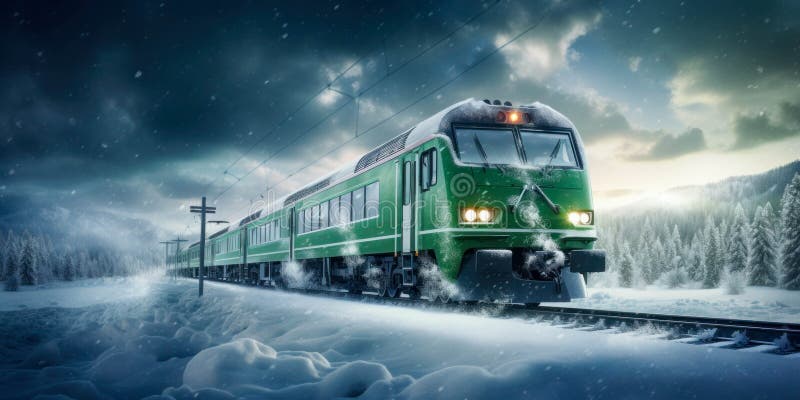 A Green Train Running through Snowy Night Stock Illustration ...
