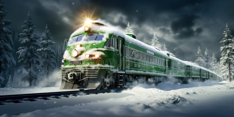 A Green Train Running through Snowy Night Stock Illustration ...