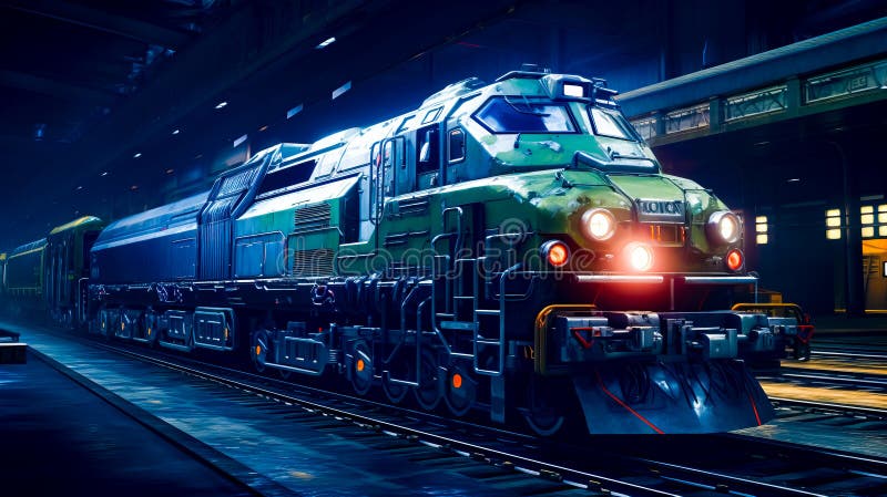 Green Train Traveling Down Train Tracks Next To Loading Platform at ...