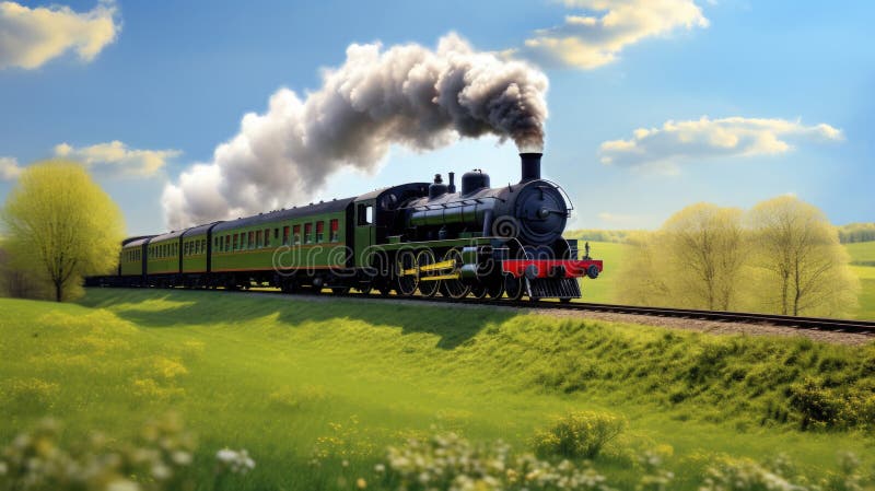 A Green Train Traveling Down Train Tracks Next To a Lush Green Field ...