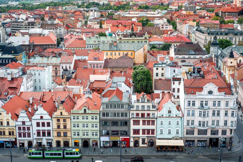 Green Tram Passing through Republic Square in Plzen (Pilsen), Czech ...