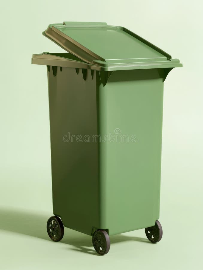Green Trash Bin with Open Lid on Wheels for Waste Management and ...