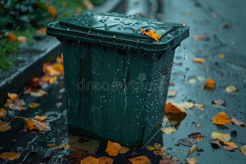 A Green Trash Bin is Sitting on a Wet Pavement after a Rain Stock Photo ...