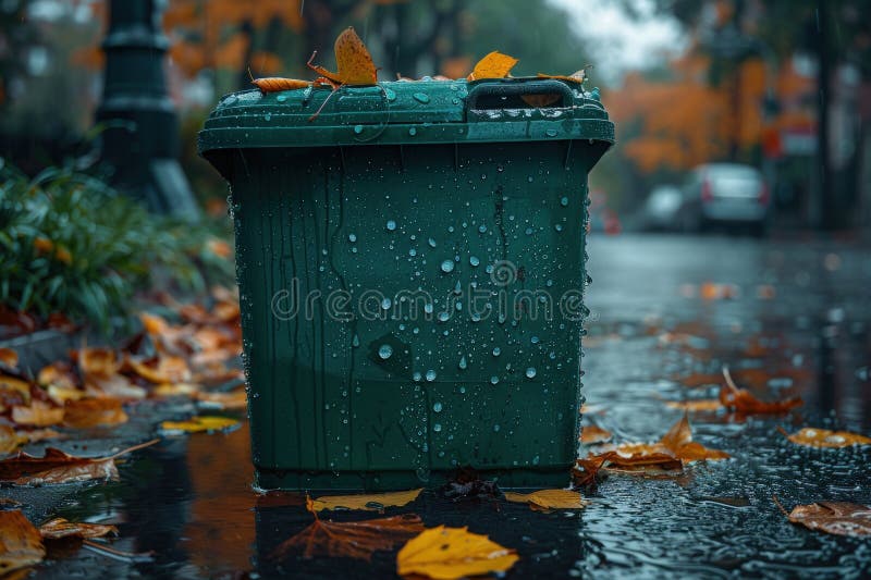 A Green Trash Bin is Sitting on a Wet Pavement after a Rain Stock Photo ...