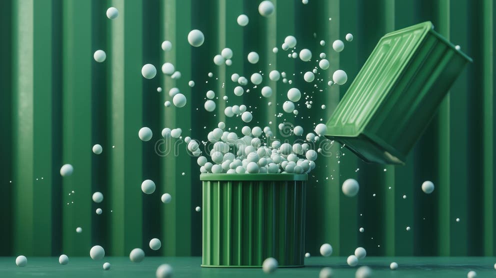 Green Trash Can Overflowing with White Balls Creating Dynamic Visual ...