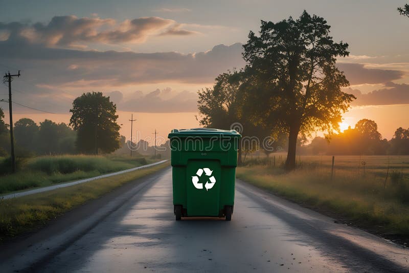 Green Trash Can with a Recycling Sign on, Green Field and Trees in the ...