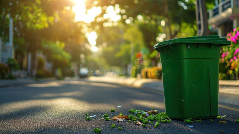 Green Trash Can on Side of Road, Clean and Convenient Waste Disposal ...