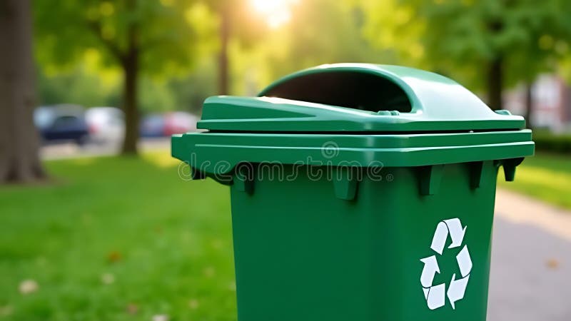 Green Trash Container in a Clean Park with Trees and People. Ecological ...