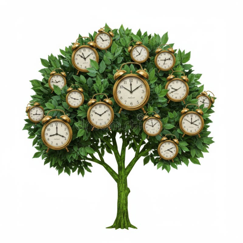 Green Tree Adorned with Gold Alarm Clocks on White Background Stock ...