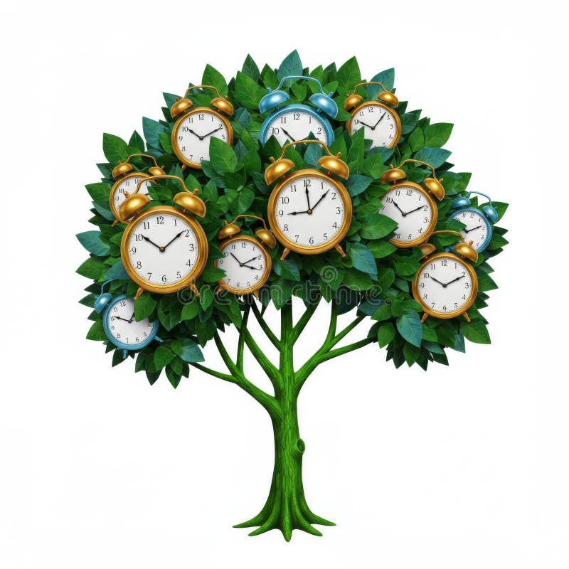 Green Tree Adorned with Gold and Blue Alarm Clocks Stock Illustration ...