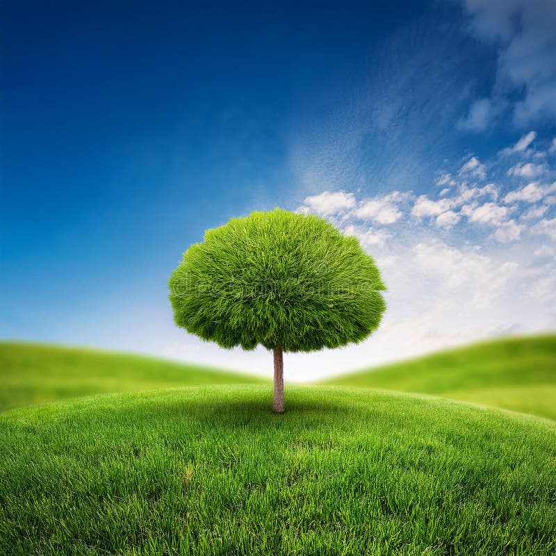 Green Tree. Alone Tree and Beautiful Sky with Clouds - 3d Landscape ...