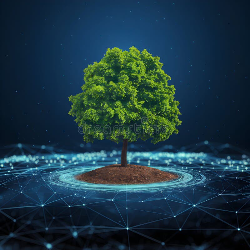 Green Tree Centered on Digital Interface, Futuristic Environmental ...