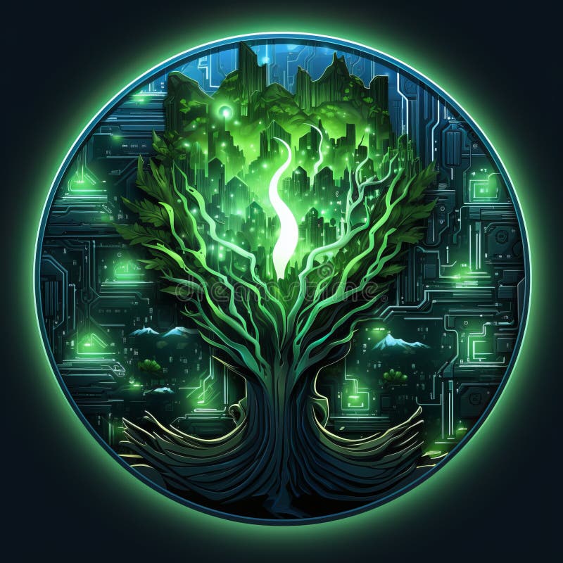 A Green Tree in a Circle with Glowing Lights Around it Stock Image ...