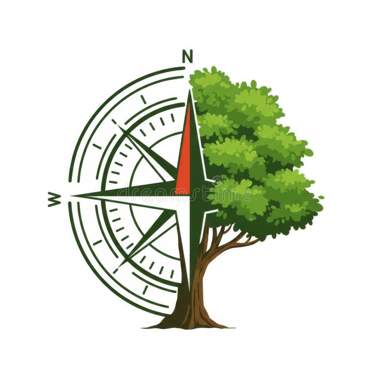 Green Tree and Compass Illustration Stock Illustration - Illustration ...