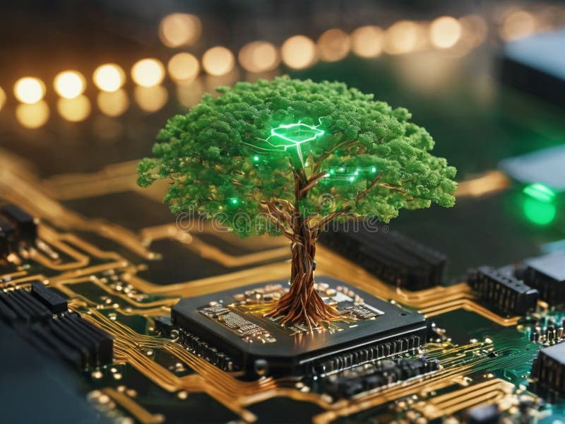 Green Tree on Computer Chip, Technology Meets Nature, Circuit Board ...