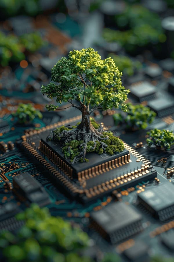 Green Tree Emerging from Microchip Illustrates Nature-Technology ...