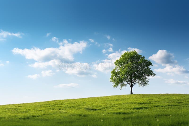 A Green Tree on Green Field with Clear Sky Sunlight Stock Illustration ...