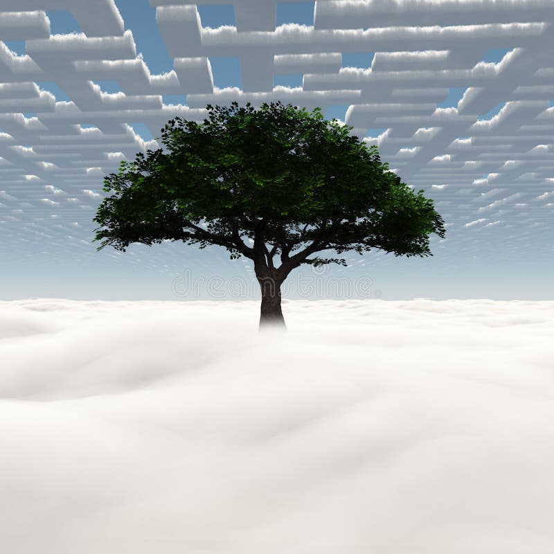 Green Tree on a Field of Clouds Stock Illustration - Illustration of ...