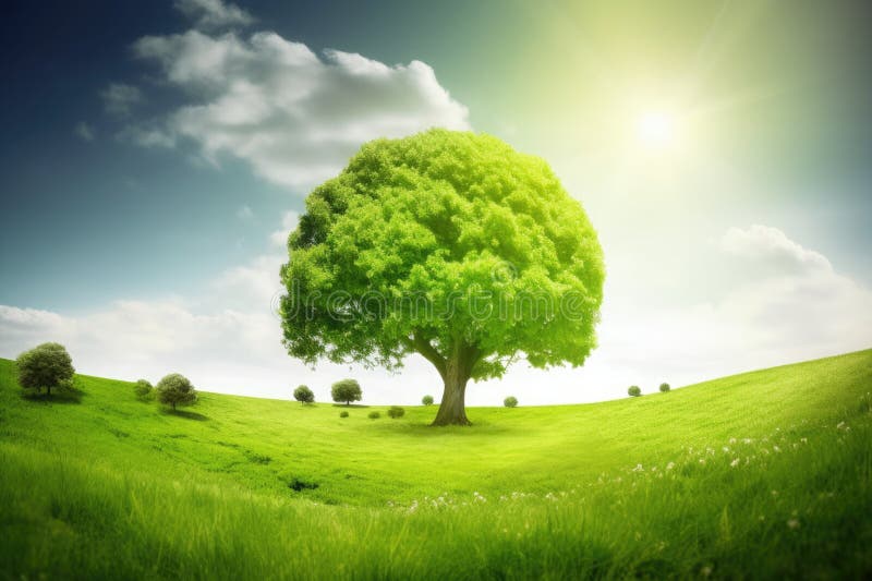 A Green Tree in a Field with the Sun Shining on it Generative AI Stock ...