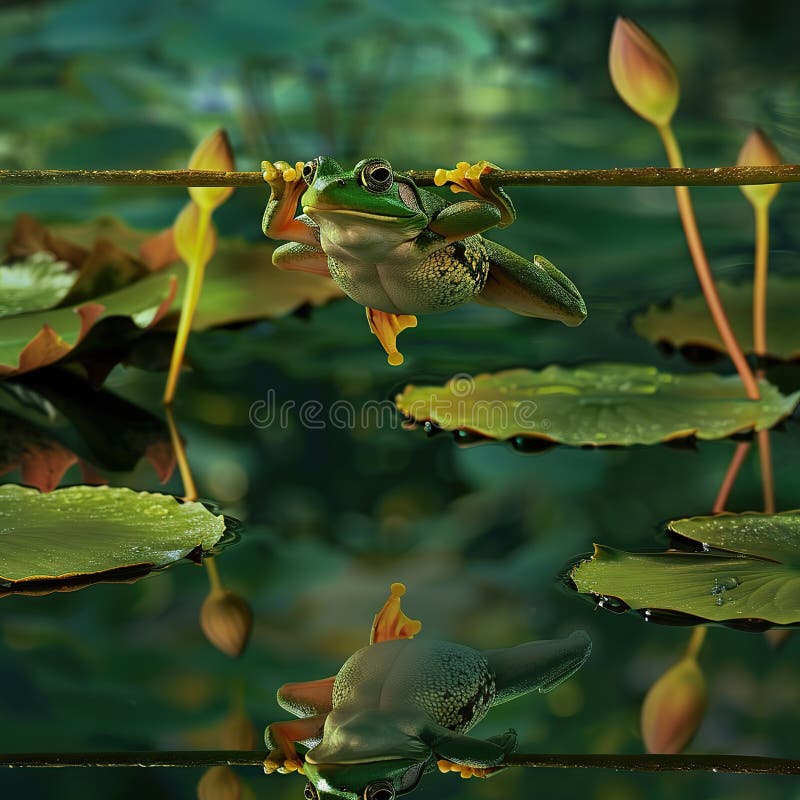 Green Tree Frog Clinging To Branch Over Water Lilies, Reflection ...