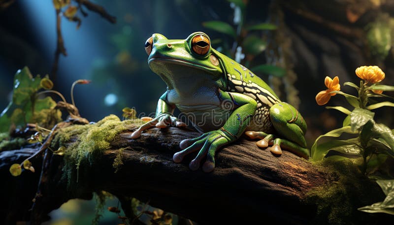Green Tree Frog Sitting on a Branch Outdoors Generated by AI Stock ...