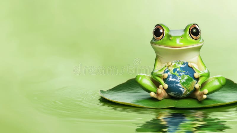 Green Tree Frog is Sitting on a Leaf in Water, Hugging a Small Earth ...