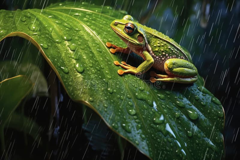 Green Tree Frog Under Rain on a Big Leaf Extreme Closeup. Generative AI ...