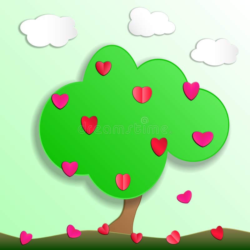 Green Tree with Fruit of Love Hearts. Paper Cut Style Stock ...