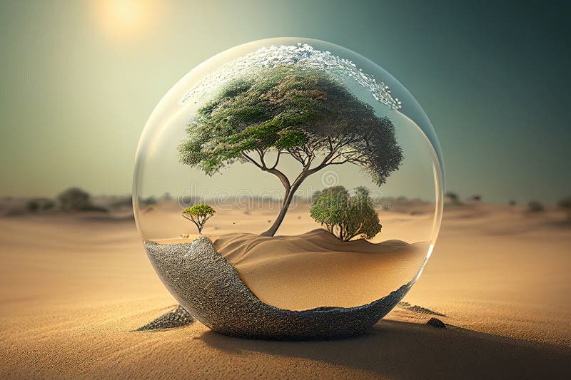 Green Tree in Glass Globe in Sand Desert. Taking Care of the ...